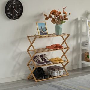 Basicwise Bamboo Foldable Shoe Rack, Free Standing Shoe Organizer Storage Rack (4 Tier), Natural (QI004329.4)