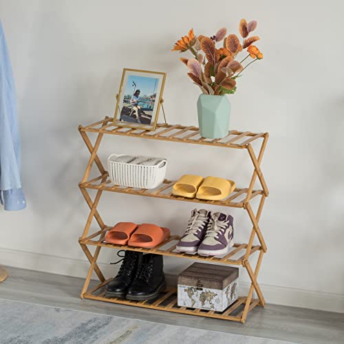 Basicwise Bamboo Foldable Shoe Rack, Free Standing Shoe Organizer Storage Rack (4 Tier), Natural (QI004329.4)