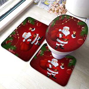 wondertify santa claus bathroom antiskid pad bell red christmas ornament 3 pieces bathroom rugs set, bath mat+contour+toilet lid cover