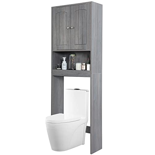 NIUBEST Over The Toilet Storage Cabinet, Bathroom Organizer with Inner Adjustable Shelf and Open Storage Shelf, Double Doors Toilet Storage Rack, Gray