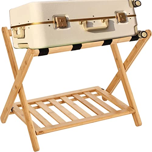 Folding Luggage Rack for Guest Room Foldable luggage Racks for Suitcase Stand with Nylon Straps,Luggage Stand Double Tiers Bamboo Luggage Holder with Shelf for Bedroom,Hotel,No Assembly Required