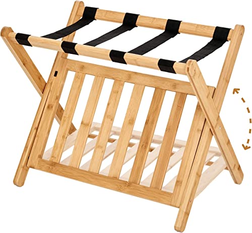 Folding Luggage Rack for Guest Room Foldable luggage Racks for Suitcase Stand with Nylon Straps,Luggage Stand Double Tiers Bamboo Luggage Holder with Shelf for Bedroom,Hotel,No Assembly Required