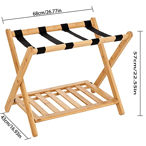 Folding Luggage Rack for Guest Room Foldable luggage Racks for Suitcase Stand with Nylon Straps,Luggage Stand Double Tiers Bamboo Luggage Holder with Shelf for Bedroom,Hotel,No Assembly Required