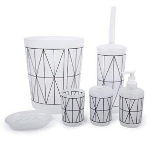 bodico decorative 6-piece geo print plastic bathroom accessory set, 7.5 x 13.5 inches, black