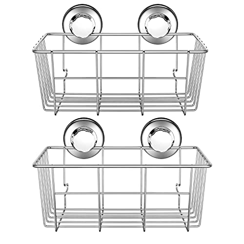 SANNO Suction Cup Shower Caddy,Bathroom Caddies Adhesive Pads Deep Large Basket Shelf,Bath Organizer Kitchen Storage Basket for Gel Holder Shampoo, Conditioner -2 pack