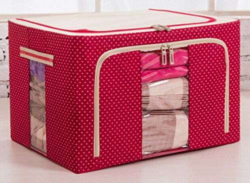 JJMG Stackable Polka Dots Oxford Cloth Steel Frame Shelf Quilt Clothing Blanket Pillow Shoe Storage Box Holder Container Organizer See-Through Window Double Zipper Folding- Red 66L 20"x16"x13" (2)