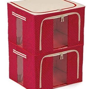 JJMG Stackable Polka Dots Oxford Cloth Steel Frame Shelf Quilt Clothing Blanket Pillow Shoe Storage Box Holder Container Organizer See-Through Window Double Zipper Folding- Red 66L 20"x16"x13" (2)