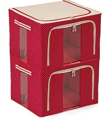 JJMG Stackable Polka Dots Oxford Cloth Steel Frame Shelf Quilt Clothing Blanket Pillow Shoe Storage Box Holder Container Organizer See-Through Window Double Zipper Folding- Red 66L 20"x16"x13" (2)