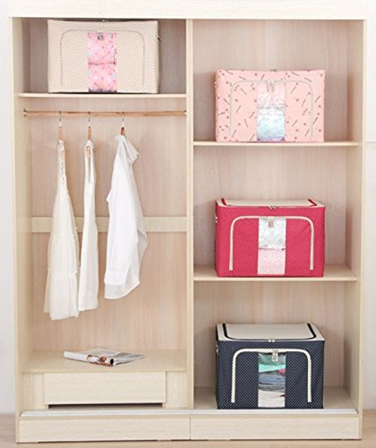 JJMG Stackable Polka Dots Oxford Cloth Steel Frame Shelf Quilt Clothing Blanket Pillow Shoe Storage Box Holder Container Organizer See-Through Window Double Zipper Folding- Red 66L 20"x16"x13" (2)