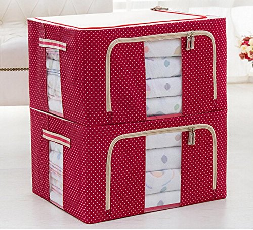 JJMG Stackable Polka Dots Oxford Cloth Steel Frame Shelf Quilt Clothing Blanket Pillow Shoe Storage Box Holder Container Organizer See-Through Window Double Zipper Folding- Red 66L 20"x16"x13" (2)