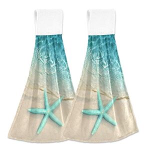 kocoart ocean beach starfish kitchen hand towels sea water hanging tie towel dishcloths with loop 2pcs, soft super absorbent fingertip towel for bathroom laundry room 12x17 in