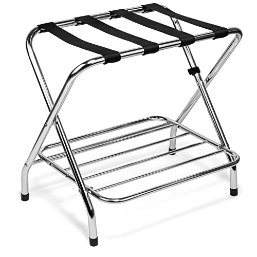 USTECH 2 Tier X-Shape Folding Luggage Rack | Heavy Duty Metal Stand with Nylon Straps and Rubber Feet for Added Stability | Suitcase Bag Holder for Guest Room, Bedroom, and Kitchen