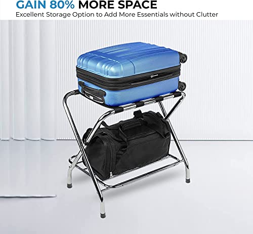 USTECH 2 Tier X-Shape Folding Luggage Rack | Heavy Duty Metal Stand with Nylon Straps and Rubber Feet for Added Stability | Suitcase Bag Holder for Guest Room, Bedroom, and Kitchen