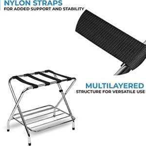 USTECH 2 Tier X-Shape Folding Luggage Rack | Heavy Duty Metal Stand with Nylon Straps and Rubber Feet for Added Stability | Suitcase Bag Holder for Guest Room, Bedroom, and Kitchen