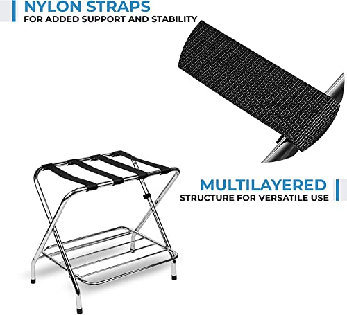 USTECH 2 Tier X-Shape Folding Luggage Rack | Heavy Duty Metal Stand with Nylon Straps and Rubber Feet for Added Stability | Suitcase Bag Holder for Guest Room, Bedroom, and Kitchen