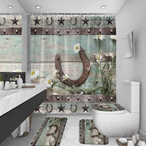 jonseqin 4 piece farmhouse daisy shower curtain set rustic teal wooden board floral texas star horseshoe western farm bathtub curtain with bathroom carpet bath mat toilet rugs