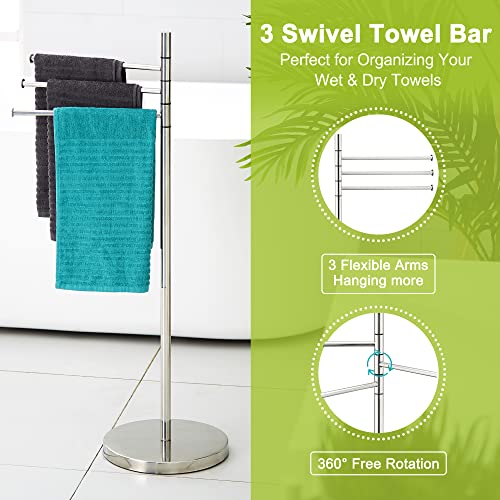 Standing Towel Racks for Bathroom, Freestanding Bathroom Towel Rack Stand with 3 Swivel Arms, Stainless Steel Outdoor Floor Towel Holder, Rust Proof Chrome, DECLUTTR