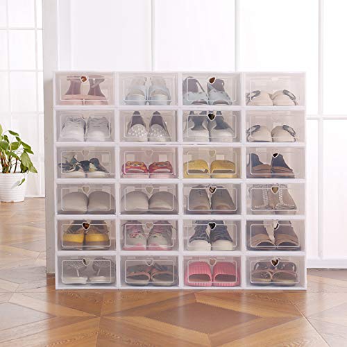 Shoe Box Organizer, Clear Flodable Shoe Storage Box with Lids Drop Front Sneaker Cases for Men Stackable Shoe Container Organizer for Entryway Bedroom Closets, Fits Men's Size 12, Pack of 12 (White)