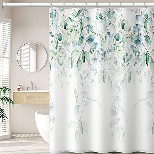 wangkato Shower Curtain Green Eucalyptus, with 12 Metal Hooks, Watercolor Sage Green Shower Curtain, Fabric Shower Curtain Liner, Plant& Succulent Shower Curtain Set (72 "X 72")