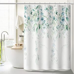 wangkato Shower Curtain Green Eucalyptus, with 12 Metal Hooks, Watercolor Sage Green Shower Curtain, Fabric Shower Curtain Liner, Plant& Succulent Shower Curtain Set (72 "X 72")