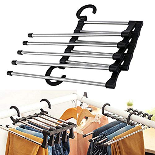 Takefuns 5 in 1 Stainless Steel Multifunction Retractable Hanger Pants Trouser Organizer,Clothes Hangers Storage Stacker Rack Holder for Wardrobe