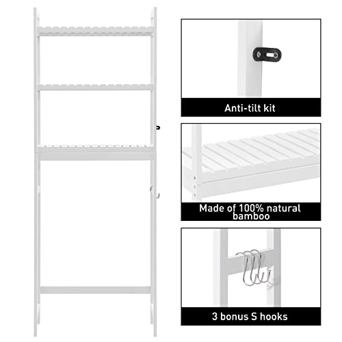 HITOMEN Over The Toilet Storage Cabinet, Bamboo Adjustable 3-Tier Above Toilet Shelf, Stable Freestanding Above Toilet Organizer with 3 Hooks for Bathroom Restroom Laundry Balcony, White 67" H