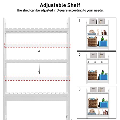 HITOMEN Over The Toilet Storage Cabinet, Bamboo Adjustable 3-Tier Above Toilet Shelf, Stable Freestanding Above Toilet Organizer with 3 Hooks for Bathroom Restroom Laundry Balcony, White 67" H