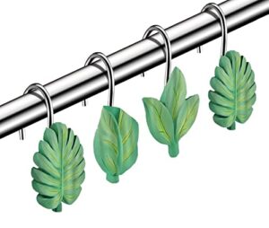 yuiviot 12pcs green leaf shower curtain hooks rings, tropical botanical theme, cute hangers for bathroom decor, rust proof and heavy duty, eucalyptus, palm tree decoration