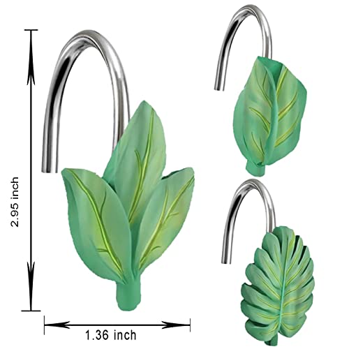 Yuiviot 12pcs Green Leaf Shower Curtain Hooks Rings, Tropical Botanical Theme, Cute Hangers for Bathroom Decor, Rust Proof and Heavy Duty, Eucalyptus, Palm Tree Decoration