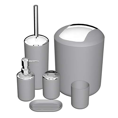 Yasolote 6 Pcs Plastic Bathroom Accessory Set,Bath Toilet Brush Accessories Set with Toothbrush Holder,Toothbrush Cup,Soap Dispenser,Soap Dish,Toilet Brush Holder,Trash Can,Tumbler Straw Gift (Grey)