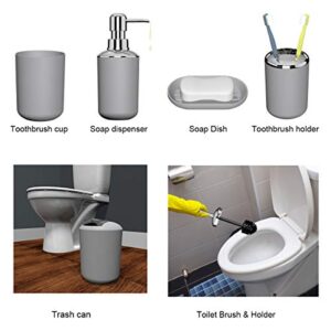 Yasolote 6 Pcs Plastic Bathroom Accessory Set,Bath Toilet Brush Accessories Set with Toothbrush Holder,Toothbrush Cup,Soap Dispenser,Soap Dish,Toilet Brush Holder,Trash Can,Tumbler Straw Gift (Grey)