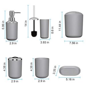 Yasolote 6 Pcs Plastic Bathroom Accessory Set,Bath Toilet Brush Accessories Set with Toothbrush Holder,Toothbrush Cup,Soap Dispenser,Soap Dish,Toilet Brush Holder,Trash Can,Tumbler Straw Gift (Grey)