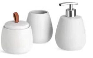 ruoxian bathroom accessories resin white marble finishing water shape soap dispenser , tumbler , cotton swab jar new combination set of 3 , bathroom organization, bathroom accessory set