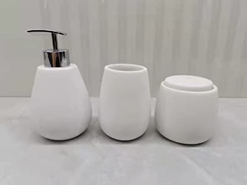 Ruoxian Bathroom Accessories Resin White Marble Finishing Water Shape soap Dispenser , Tumbler , Cotton Swab Jar New Combination Set of 3 , Bathroom Organization, Bathroom Accessory Set