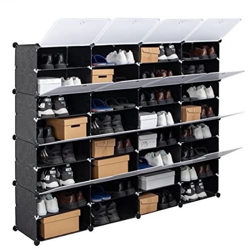 ADUZA Portable Shoe Rack Organizer, 4 Columns 8-Tier 64 Pairs Shoe Storage Organizer with Doors, Tower Plastic Shoe Shelf Storage Cabinet Stand Expandable for Heels, Boots, Slippers Black