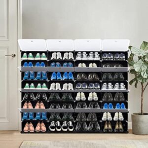 ADUZA Portable Shoe Rack Organizer, 4 Columns 8-Tier 64 Pairs Shoe Storage Organizer with Doors, Tower Plastic Shoe Shelf Storage Cabinet Stand Expandable for Heels, Boots, Slippers Black