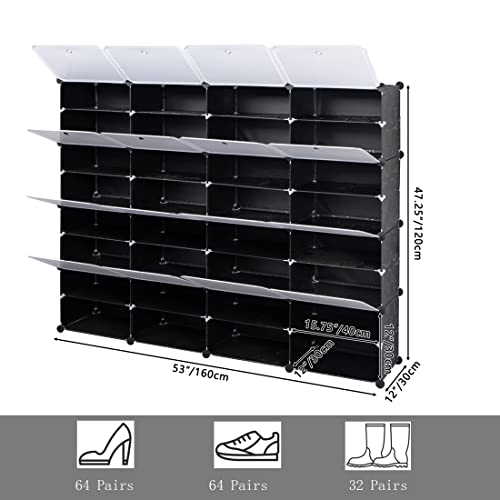 ADUZA Portable Shoe Rack Organizer, 4 Columns 8-Tier 64 Pairs Shoe Storage Organizer with Doors, Tower Plastic Shoe Shelf Storage Cabinet Stand Expandable for Heels, Boots, Slippers Black