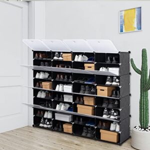 ADUZA Portable Shoe Rack Organizer, 4 Columns 8-Tier 64 Pairs Shoe Storage Organizer with Doors, Tower Plastic Shoe Shelf Storage Cabinet Stand Expandable for Heels, Boots, Slippers Black