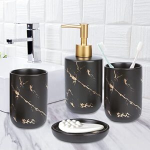 breis bathroom accessories set, 4 pcs complete marble bathroom accessory modern decor countertop organizer toothbrush holder lotion dispenser soap dish tumbler (black)