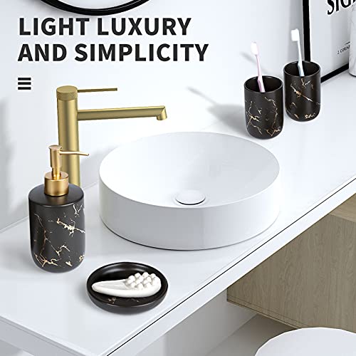 BREIS Bathroom Accessories Set, 4 Pcs Complete Marble Bathroom Accessory Modern Decor Countertop Organizer Toothbrush Holder Lotion Dispenser Soap Dish Tumbler (Black)