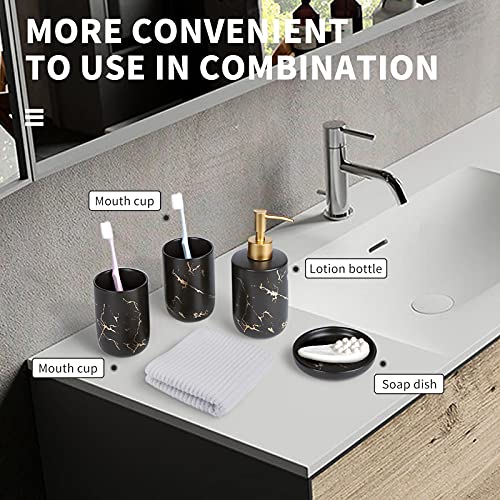 BREIS Bathroom Accessories Set, 4 Pcs Complete Marble Bathroom Accessory Modern Decor Countertop Organizer Toothbrush Holder Lotion Dispenser Soap Dish Tumbler (Black)