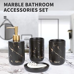 BREIS Bathroom Accessories Set, 4 Pcs Complete Marble Bathroom Accessory Modern Decor Countertop Organizer Toothbrush Holder Lotion Dispenser Soap Dish Tumbler (Black)