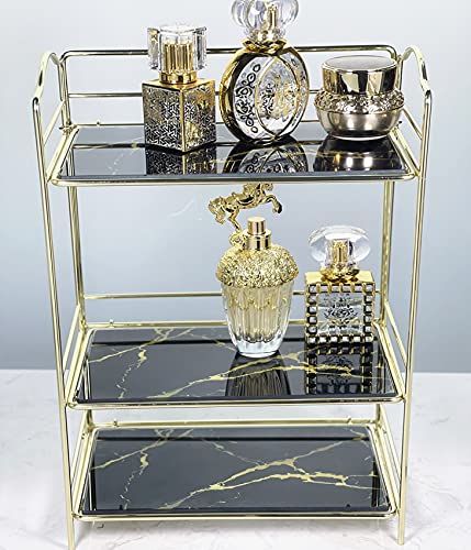 Simmer Stone 3 Tier Makeup Perfume Organizer Shelf, Cosmetic Storage Corner Shelf with Removable Glass Tray, Wire Vanity Organizer Rack for Dresser, Countertop, Bathroom and More (Gold)