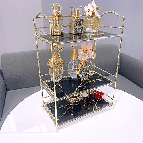 Simmer Stone 3 Tier Makeup Perfume Organizer Shelf, Cosmetic Storage Corner Shelf with Removable Glass Tray, Wire Vanity Organizer Rack for Dresser, Countertop, Bathroom and More (Gold)