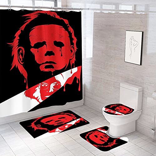 4 Piece Horror Shower Curtain Sets with Non-Slip Rugs, Toilet Lid Cover, Bath Mat and 12 Hooks, Bathroom Decor Set Accessories Waterproof Shower Curtains