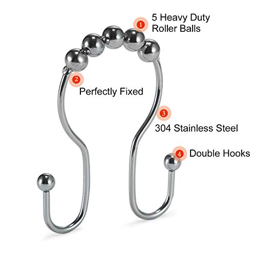 Shower Curtain Hooks, Goowin Shower Curtain Rings, Rust-Resistant Metal Double Glide Black Shower Curtain Hooks for Curtain, Shower Curtain & Liner, Set of 12 (Chrome)