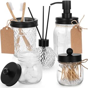 5pcs mason jar bathroom accessories set - mason jar soap dispenser, 3 apothecary jars for q-tips & 1 toothbrush holder - rustic farmhouse, bathroom home decor clearance, countertop vanity organizer