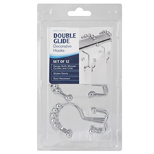 Maytex Shower Curtain Hooks, Shower Curtain Rings, Rust-Resistant Decorative Double Roller Glide Shower Hooks, Shower Rings for Bathroom Shower Rods, Curtains, Liners, Set of 12, Brushed Nickel