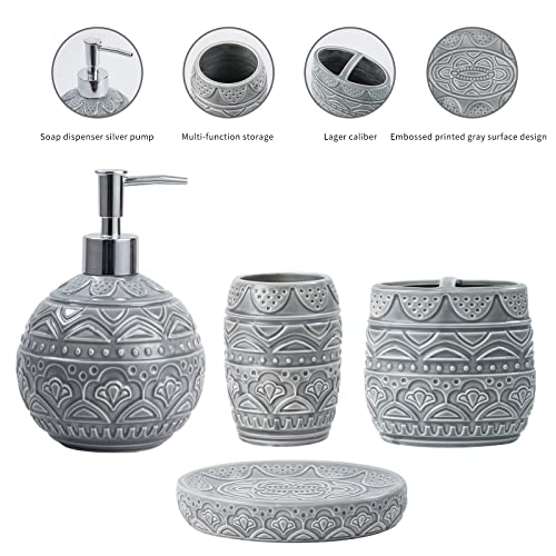 RXLVCKY Grey Bathroom Accessories Set, 5-Piece Ceramic Gift Set, Include Toothbrush Holder, Toothbrush Cup, soap Dispenser, soap Dish, Trash can