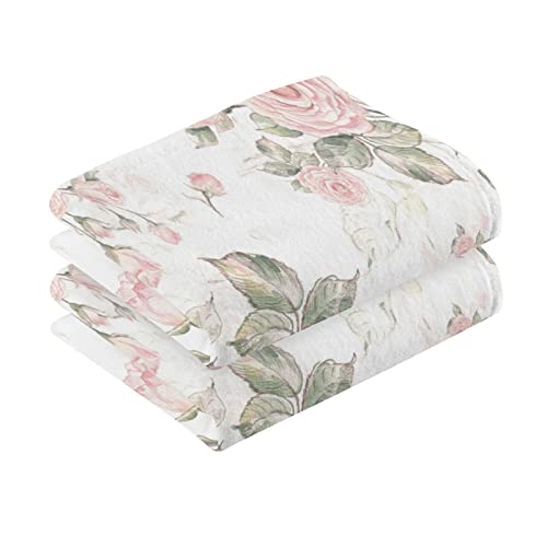 Pink Roses Flowers Hand Towels Set of 2, Highly Absorbent Soft Cotton Face Towels Bathroom Decorative Towel for Beach Gym Spa Shower, 16x28In